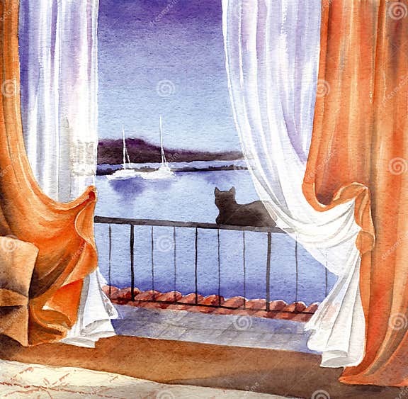 Cat at the window artwork stock illustration. Illustration of hand ...