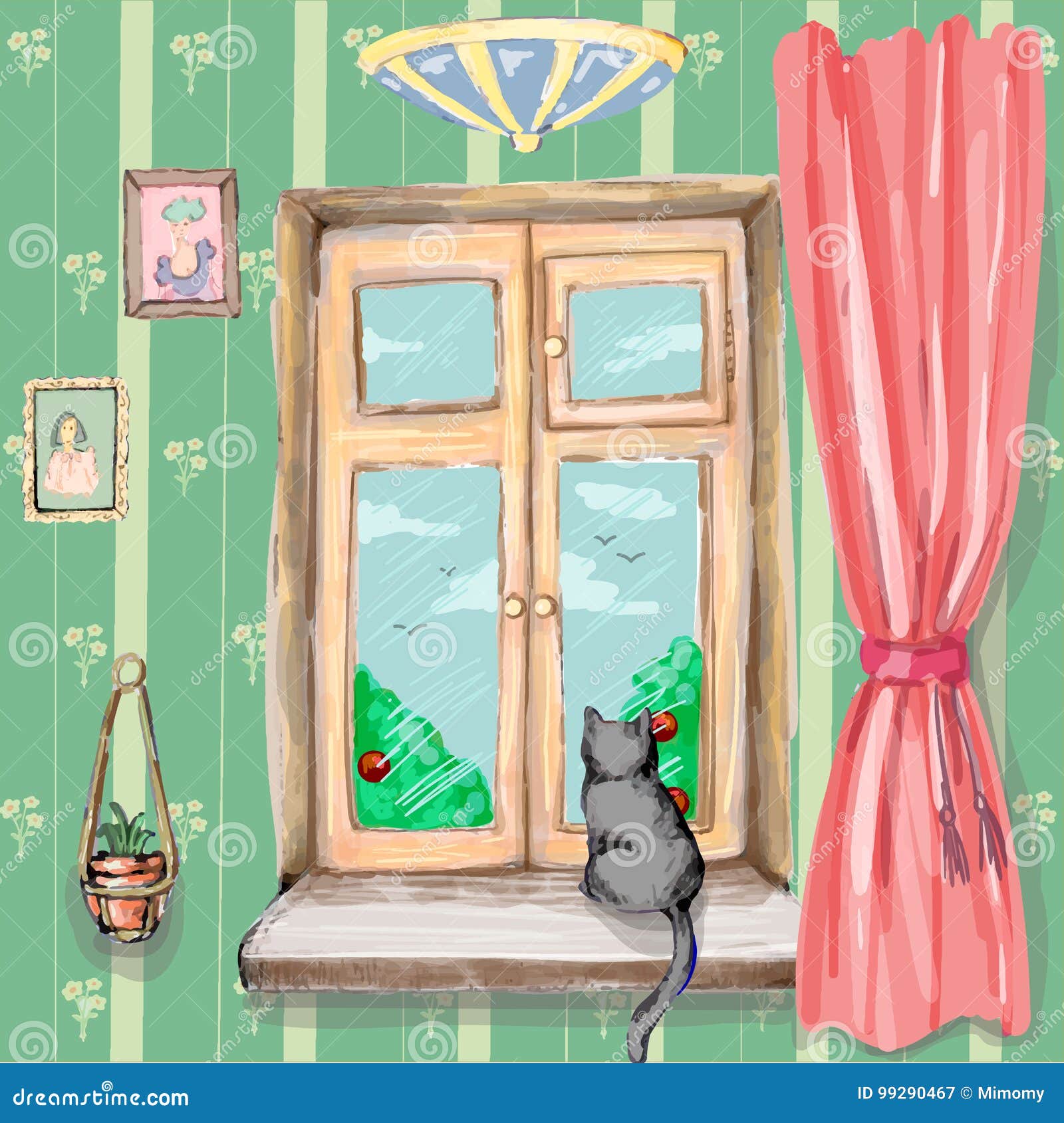 Cat on the window stock vector. Illustration of landscape - 99290467