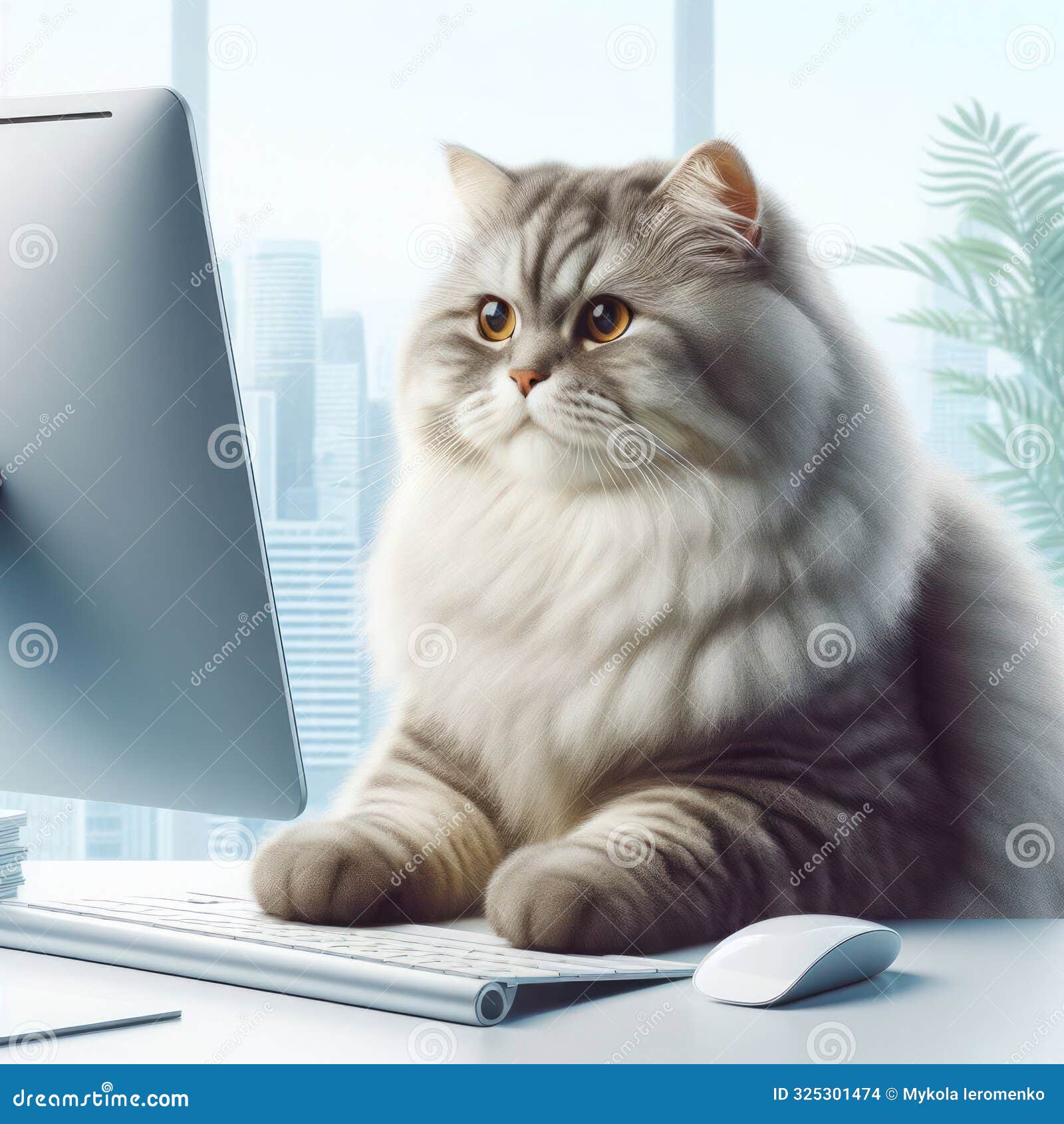 A Cat Working at a Computer. Stock Photo - Image of looking, positive ...