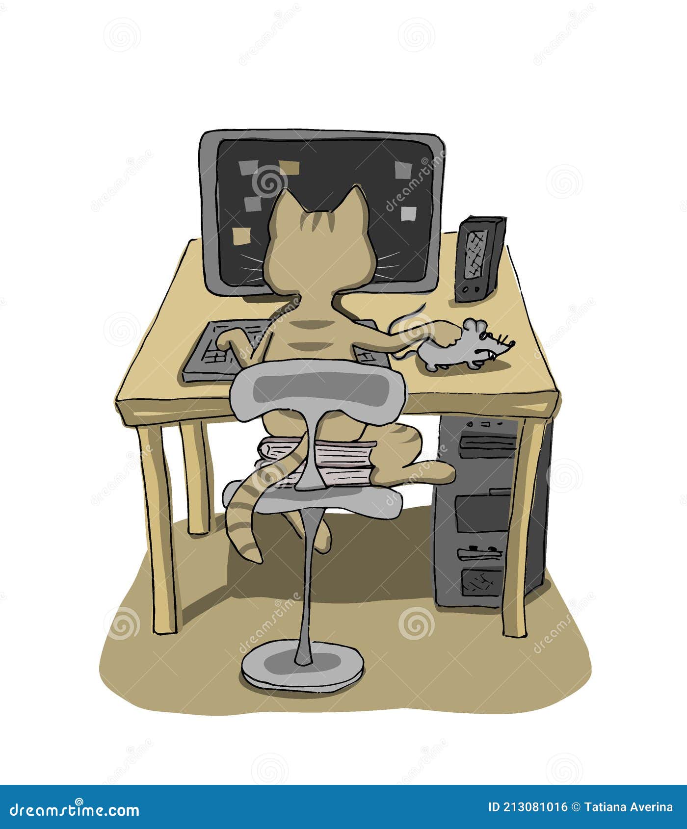 Cat Working at the Computer and Mouse. Cartoon Vector Illustration ...