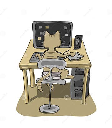 Cat Working at the Computer and Mouse. Cartoon Vector Illustration ...