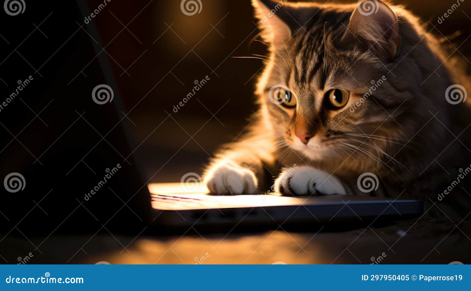 Cat working on a laptop stock illustration. Illustration of display ...