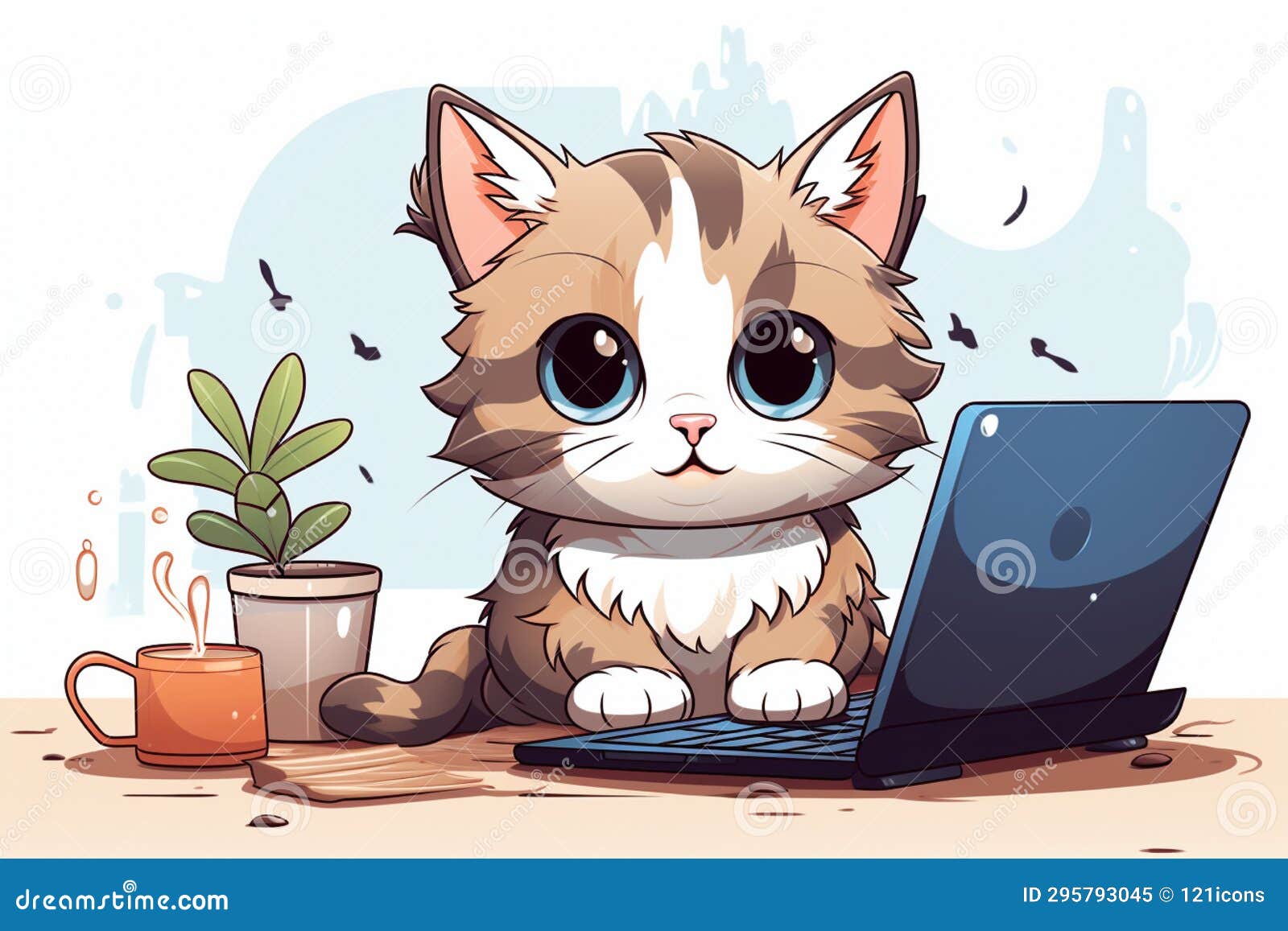 A Cat Working on Laptop in an Office , Drawing Style Stock Illustration ...