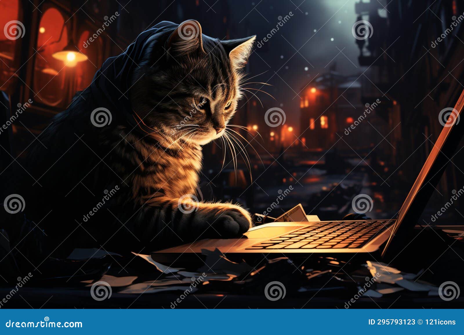 A Cat Working on Laptop in an Office , Drawing Style Stock Illustration ...
