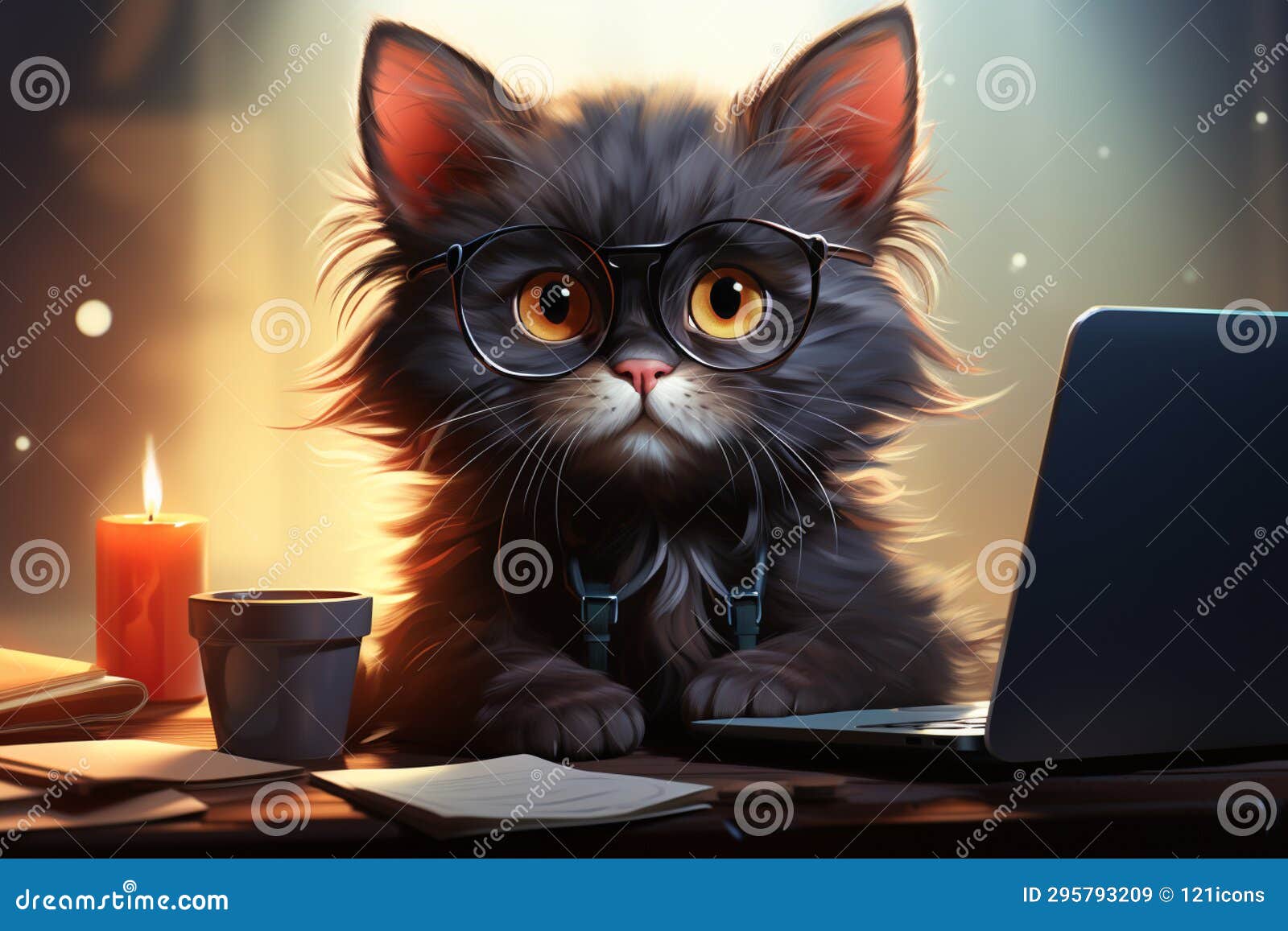 A Cat Working on Laptop in an Office , Drawing Style Stock Illustration ...