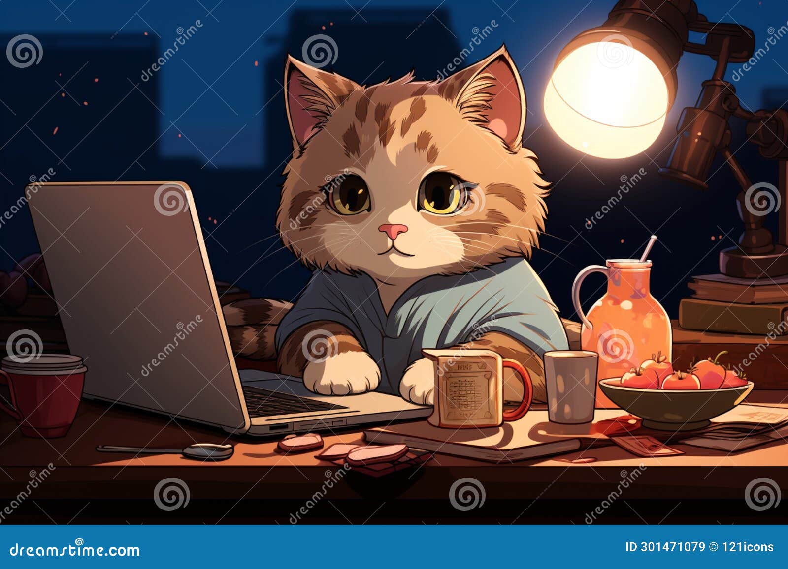 A Cat Working on Laptop in an Office , Drawing Style Stock Illustration ...