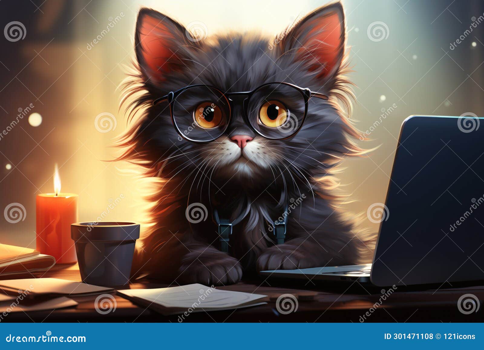 A Cat Working on Laptop in an Office , Drawing Style Stock Illustration ...