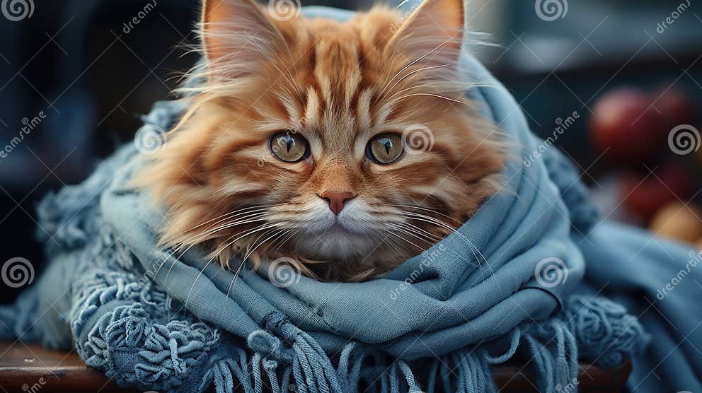 A Cat Wrapped Up in a Blanket on a Table. Generative AI Image. Stock ...