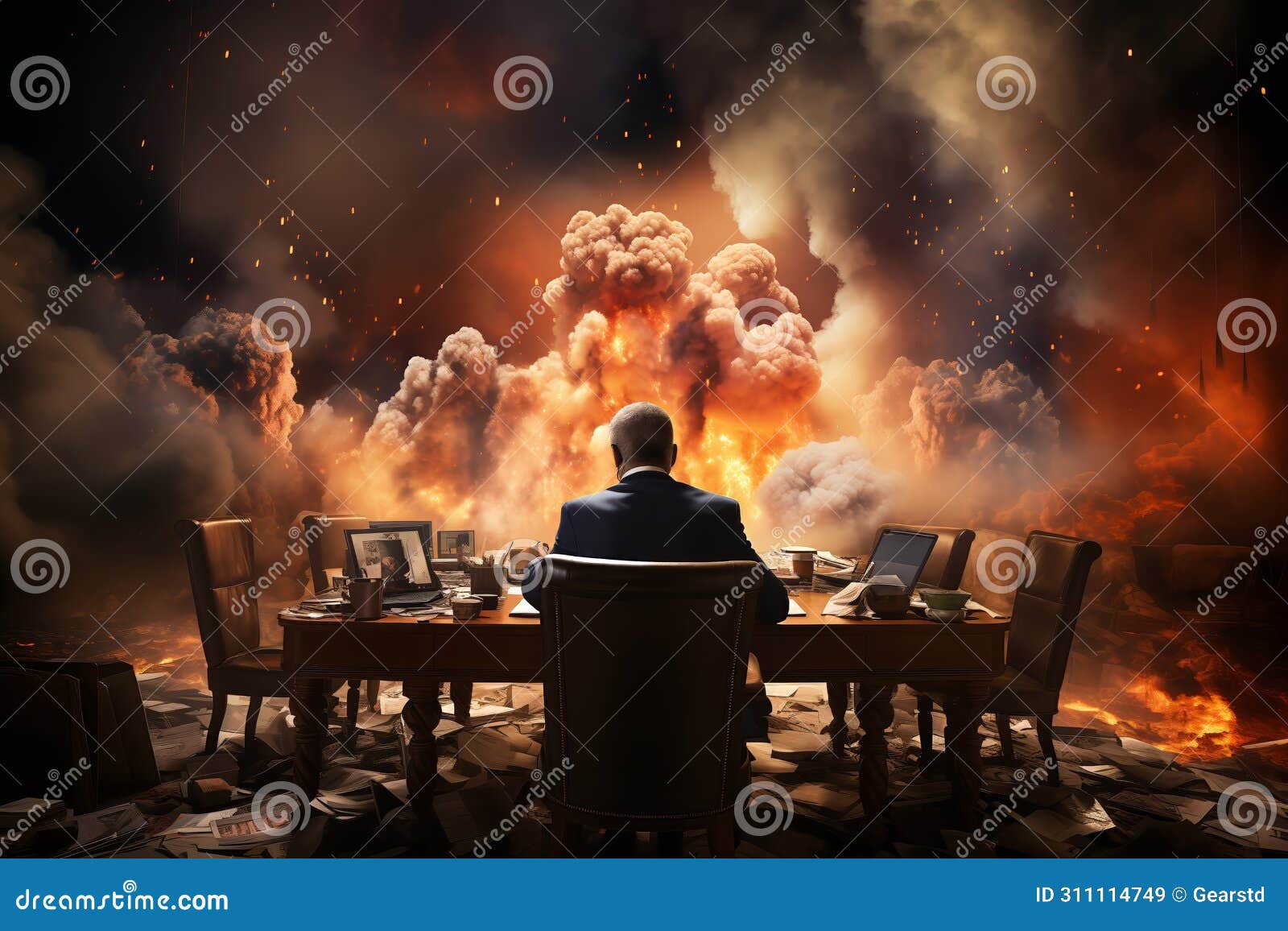 Cataclysmic Explosion Behind Office Desk Stock Image - Image of flames ...
