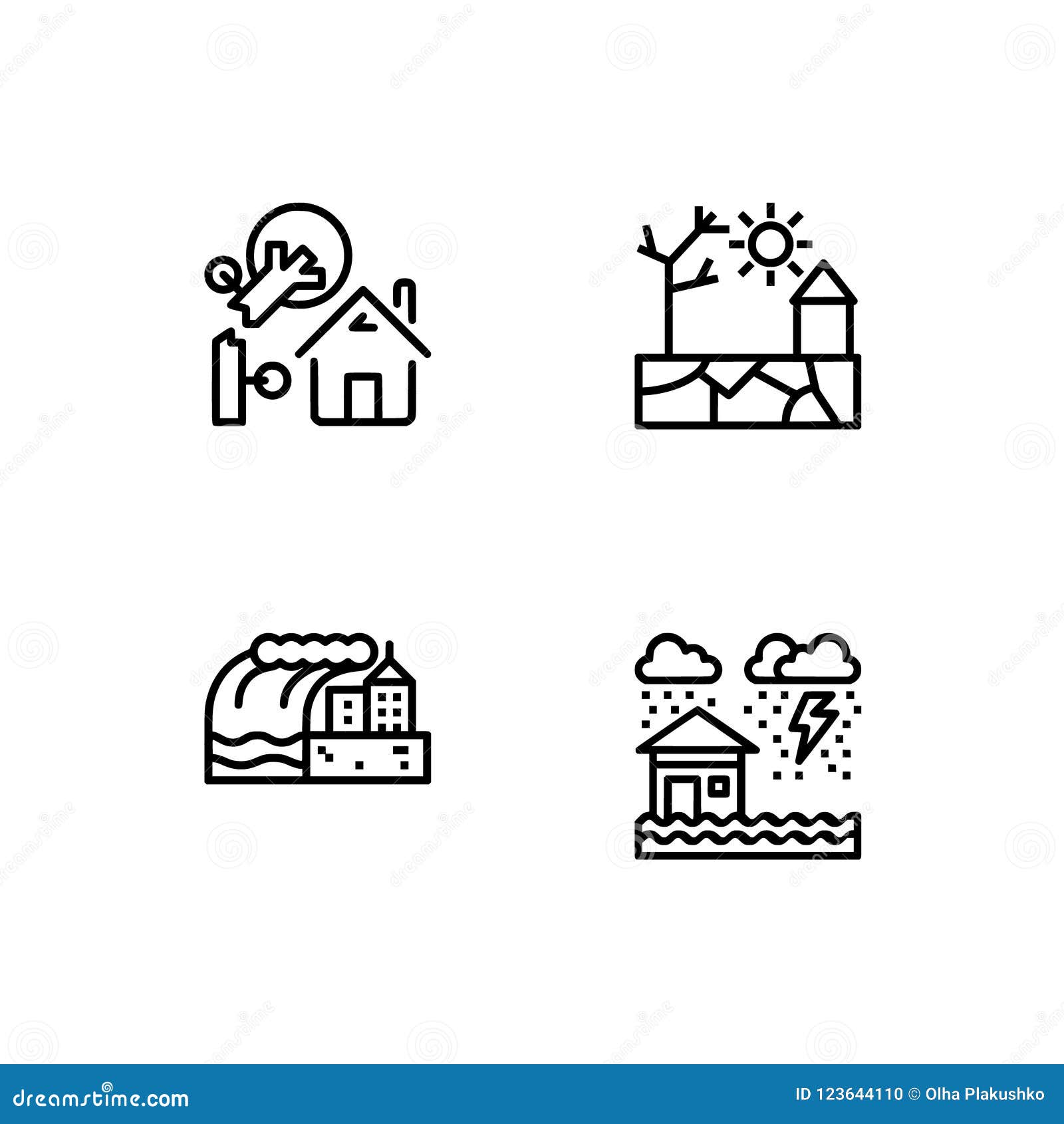Cataclysms And Natural Disasters Outline Icons Set EPS 10 Vector Format ...