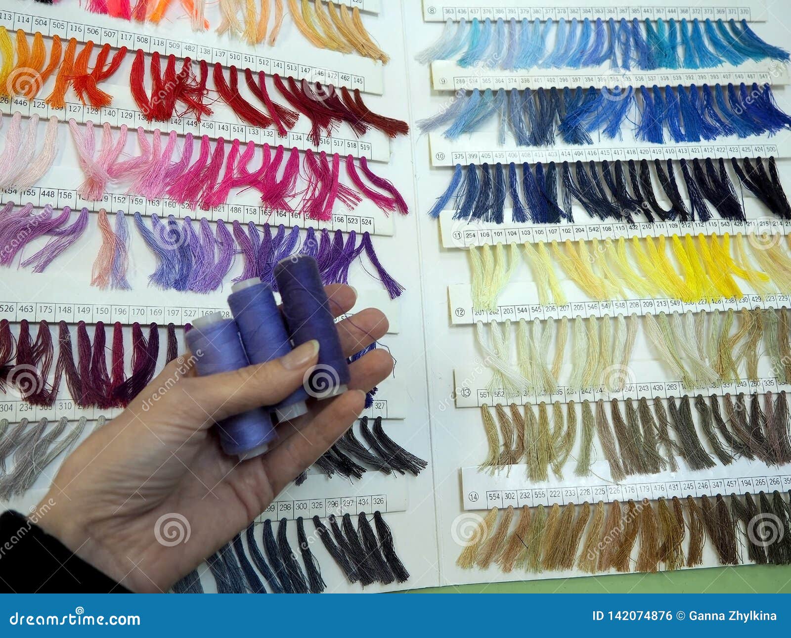 Catalog with Samples of Threads and Three Spools in Hand Stock Photo ...