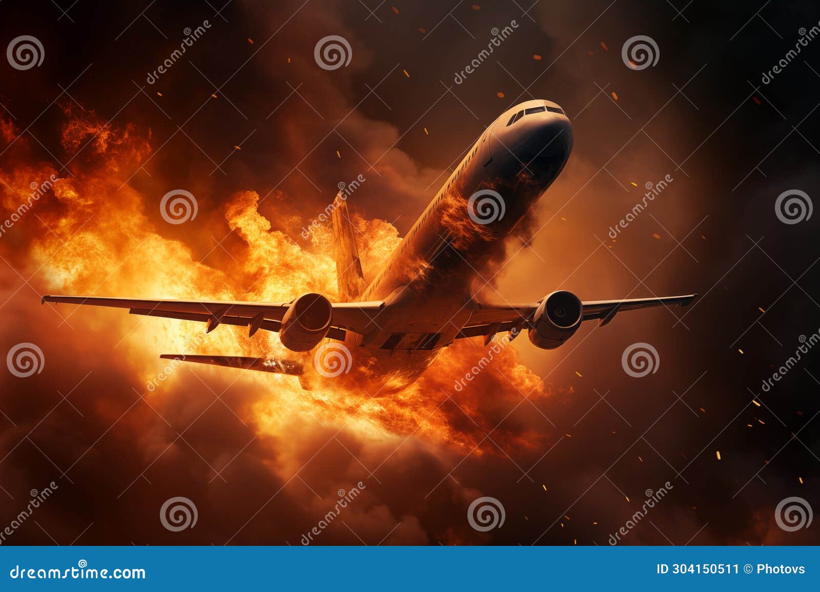 Catastrophic Airplane Flight Burning Engine with after Explosion Stock ...