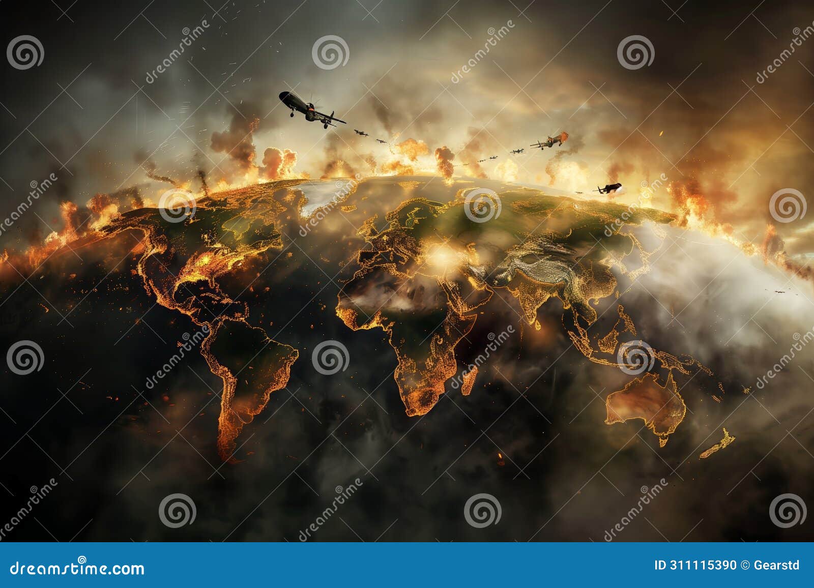 Globe Engulfed in Flames with Airplanes Stock Photo - Image of ...