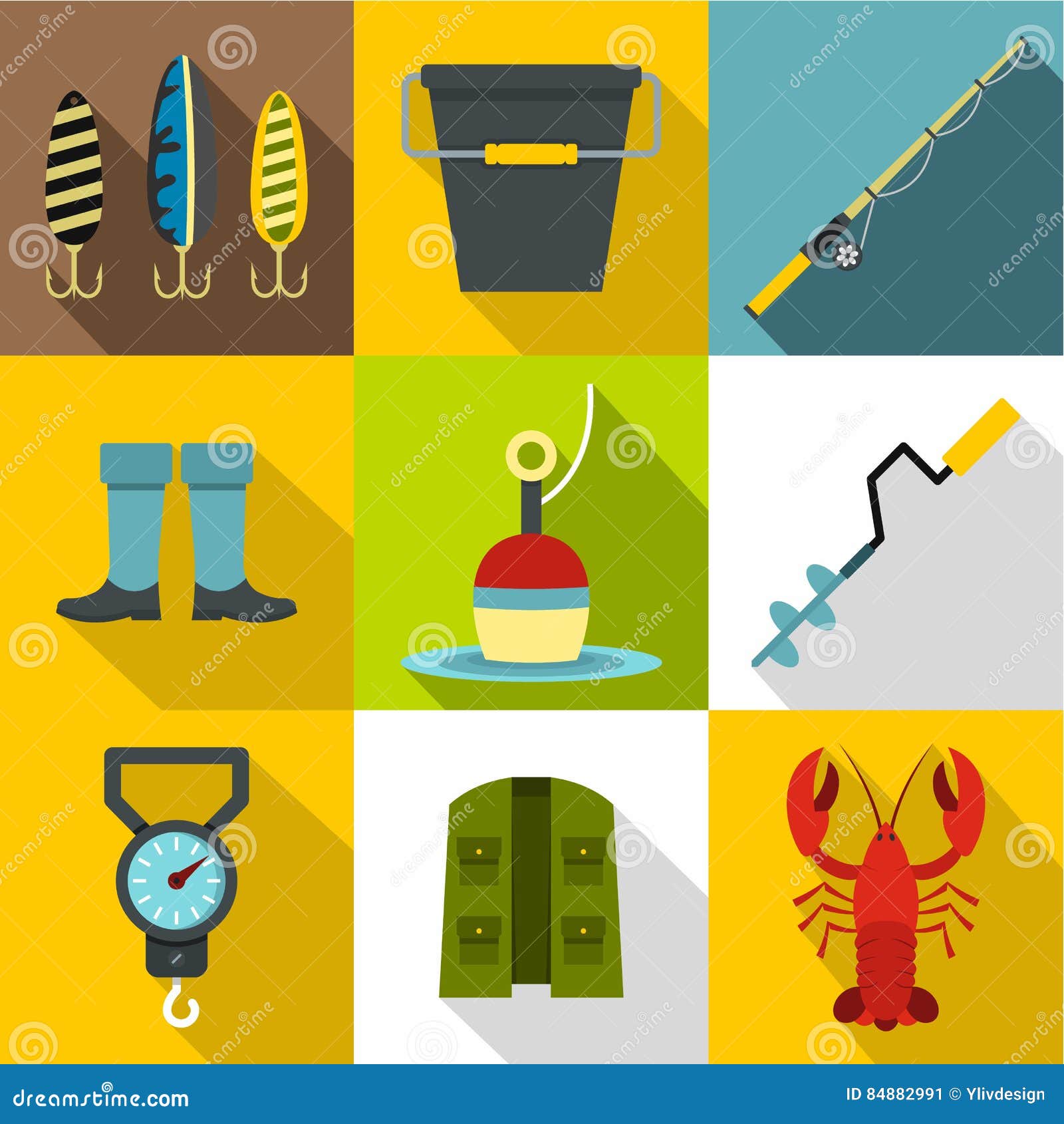 Catch Fish Icons Set, Flat Style Stock Vector - Illustration of handle ...