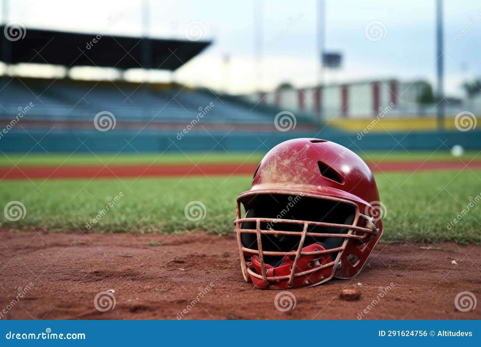 Catchers Helmet on the Pitchers Mound with a Blurred Baseball Field in ...