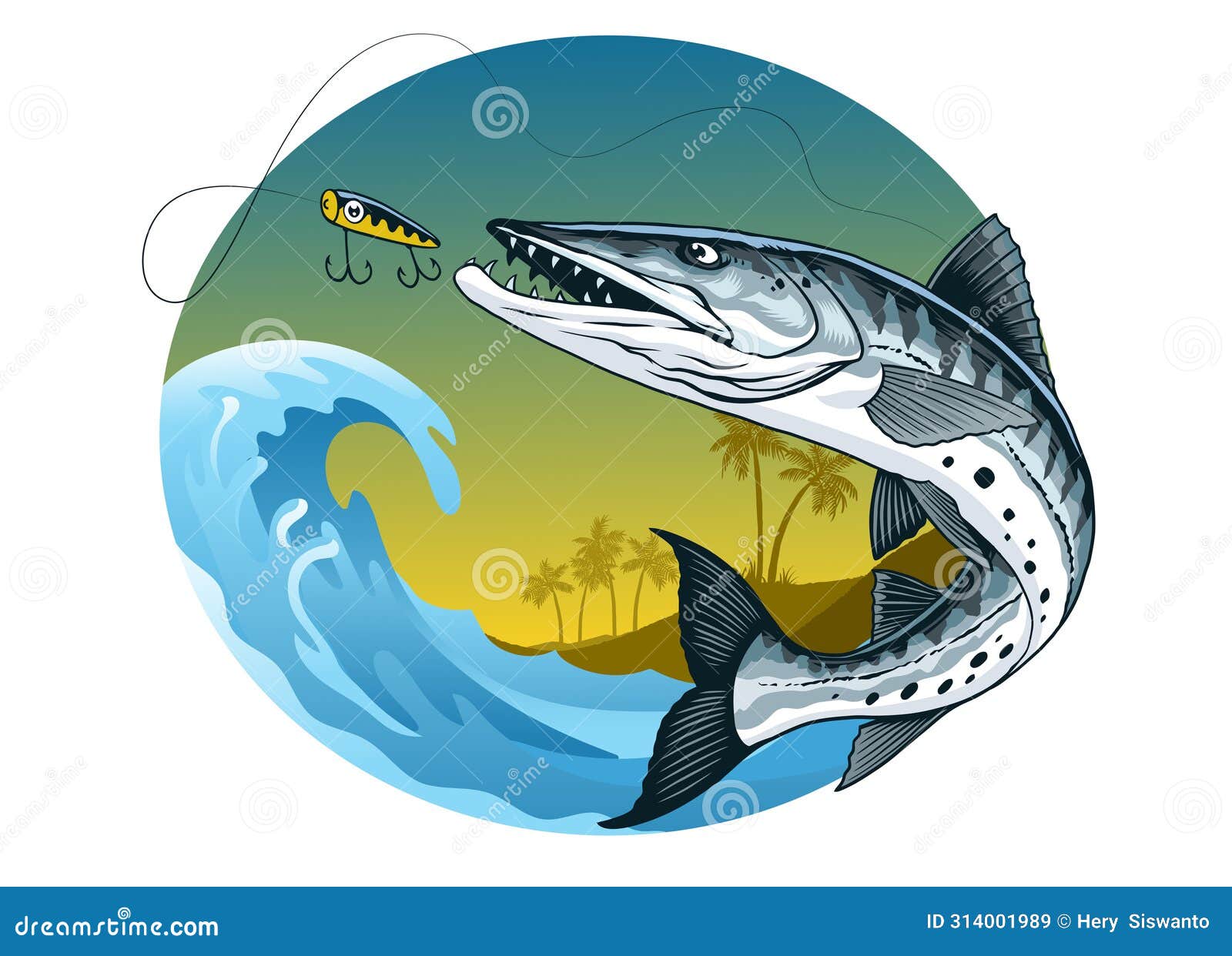 Catching Jumping Barracuda Fish in Vintage Style Full Colored Stock ...