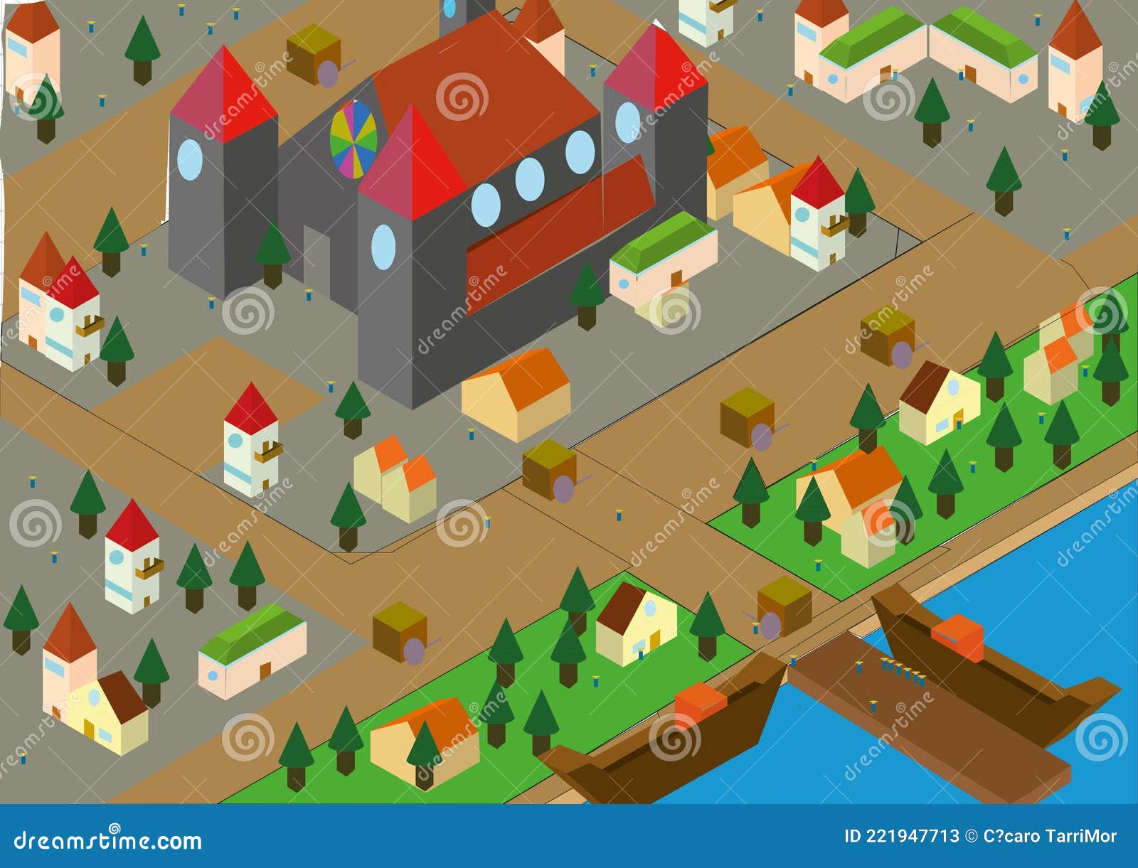 Village Illustration Isometric Cathedral Stock Illustration ...