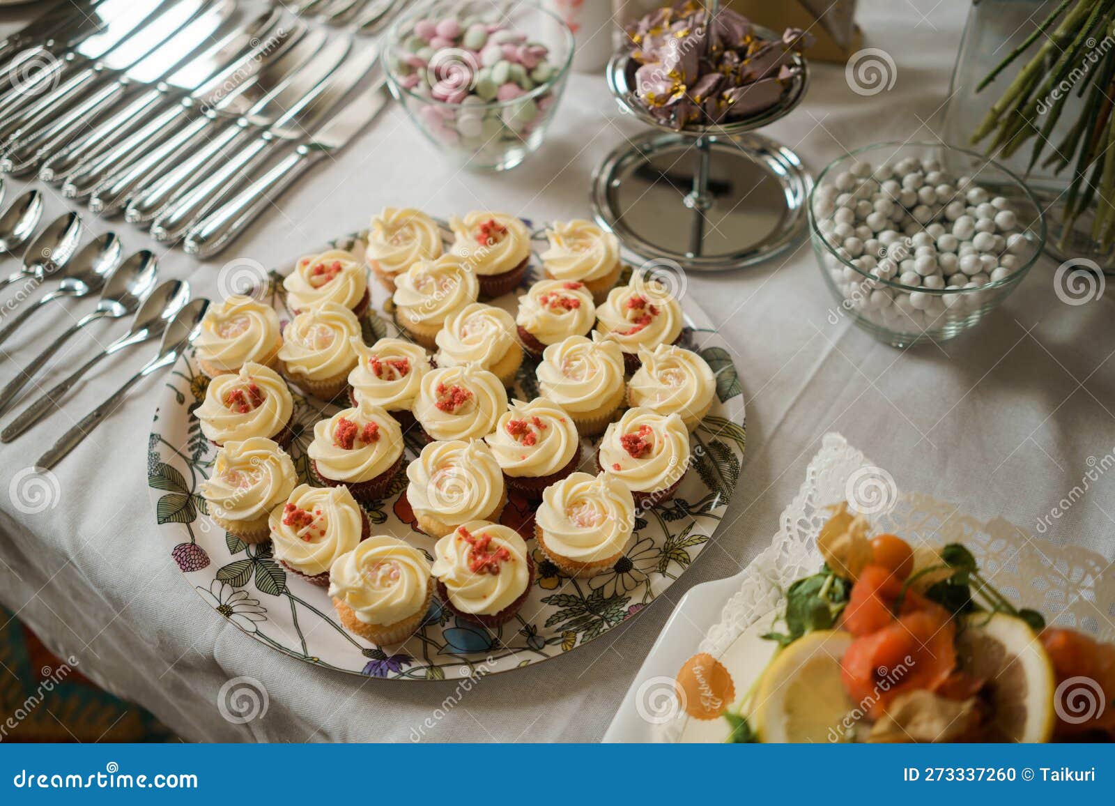 Catering Buffet with Cupcakes and Other Food on Table Stock Photo ...