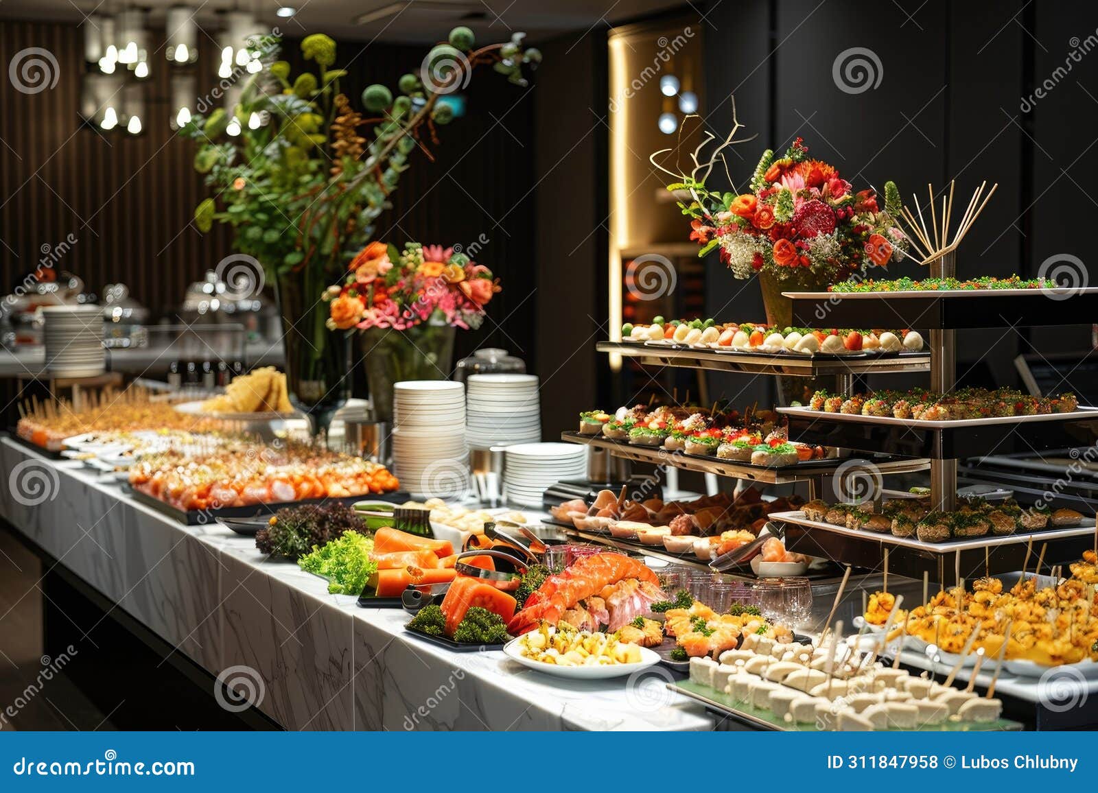 Catering Buffet Food on a Long Table in a Hotel Restaurant Stock ...