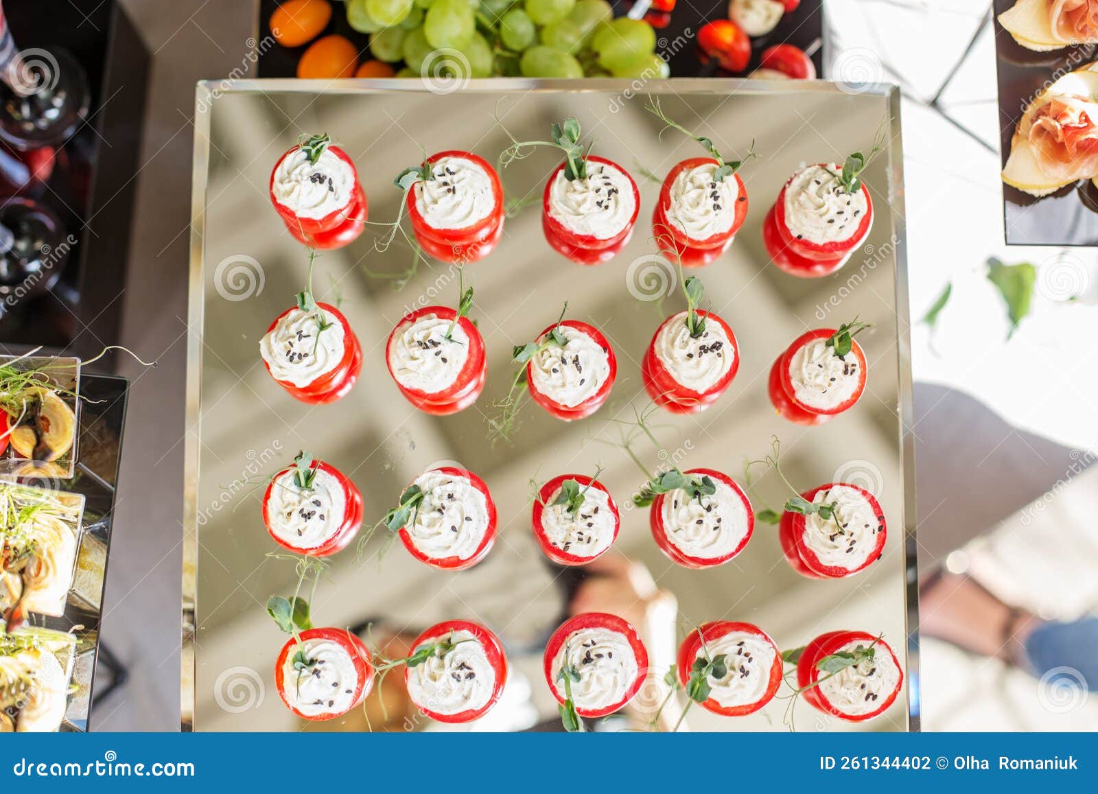 Catering Buffet Table with Snacks and Appetizers. Stuffed Cherry ...