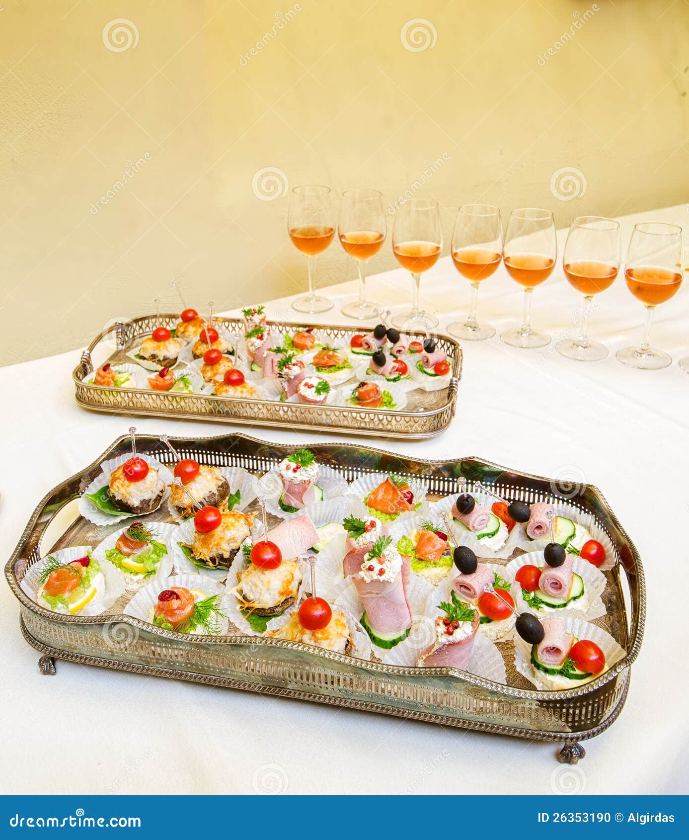 Catering Food in Silver Dishes with Wine Stock Photo - Image of table ...