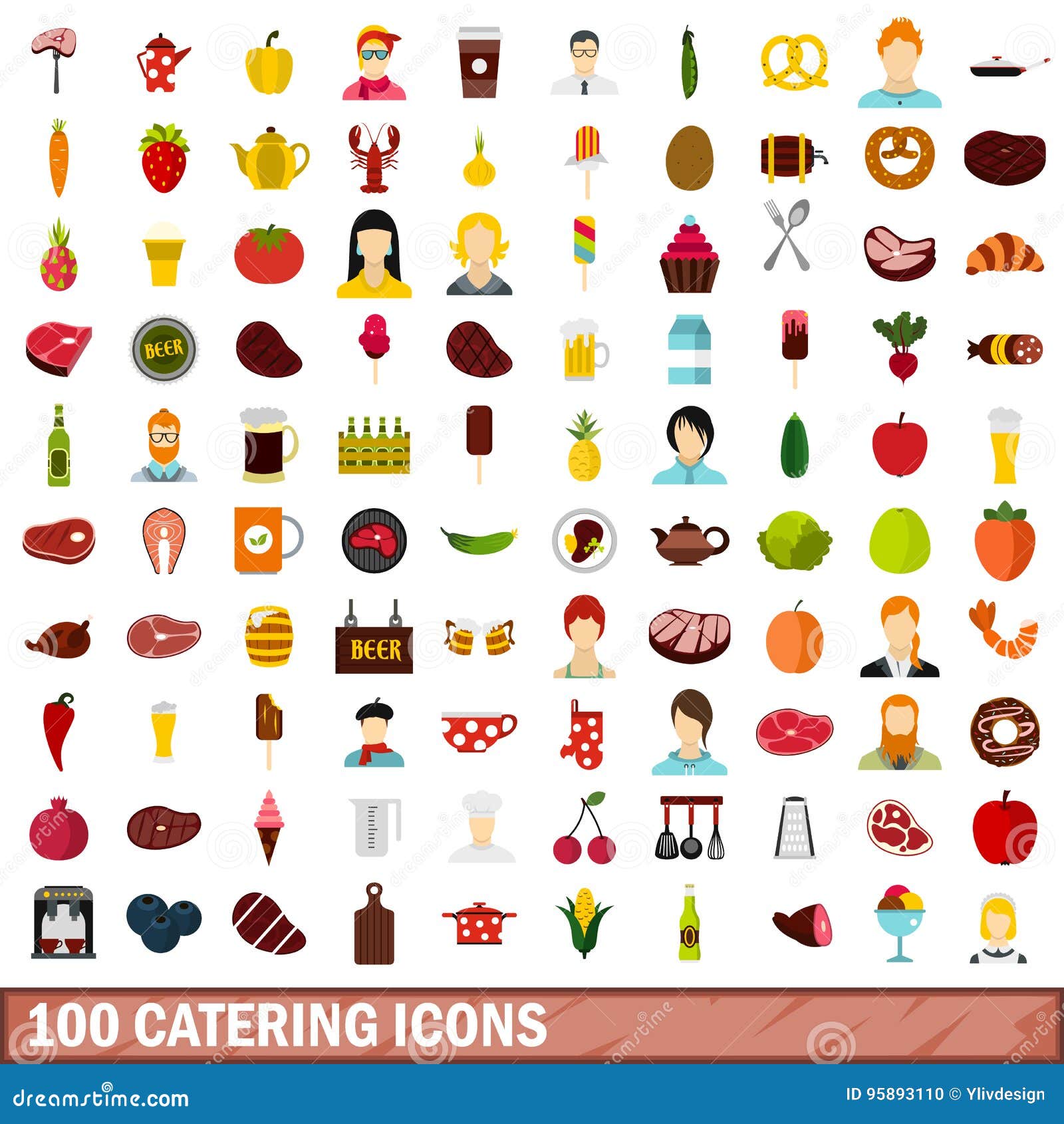 100 Catering Icons Set, Flat Style Stock Vector - Illustration of ...