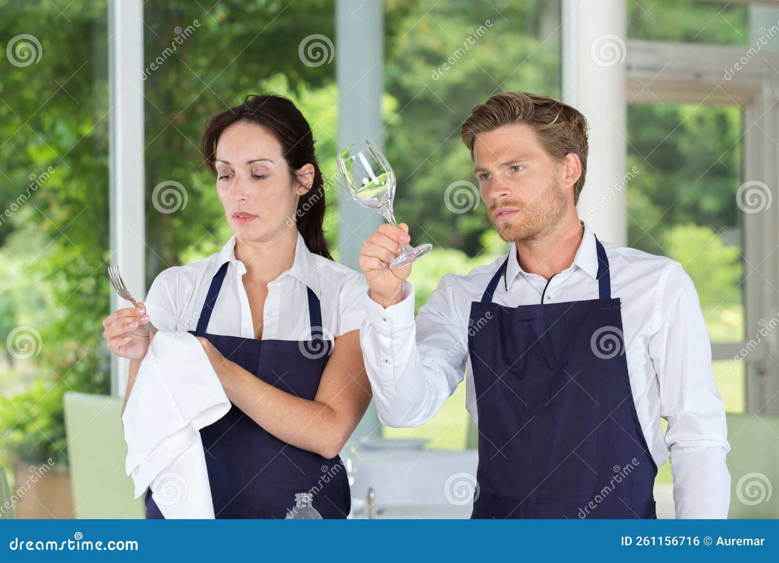 Catering Restaurant Waitress and Waiter Setting Table Stock Photo ...