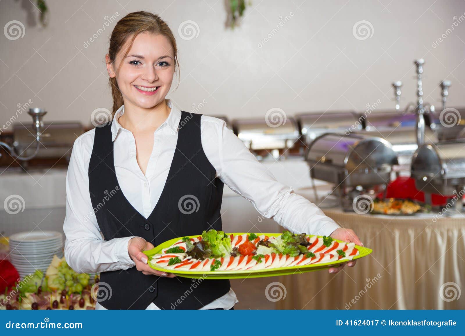 Catering Service Employee Posing with Tray for Buffett Stock Image ...