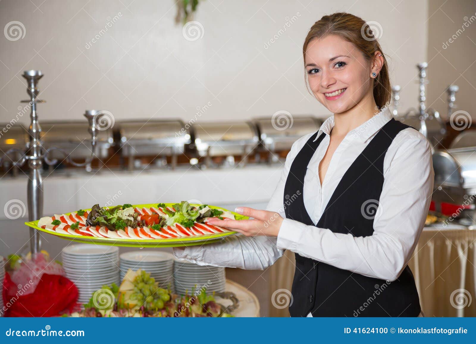 Catering Service Employee Posing with Tray for Buffett Stock Photo ...