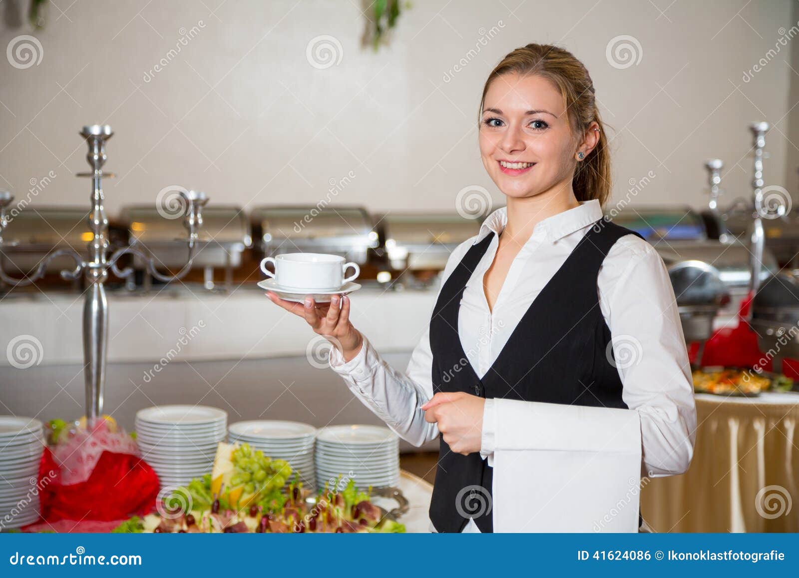 Catering Service Employee in Restaurant Posing with Soup Dish Stock ...