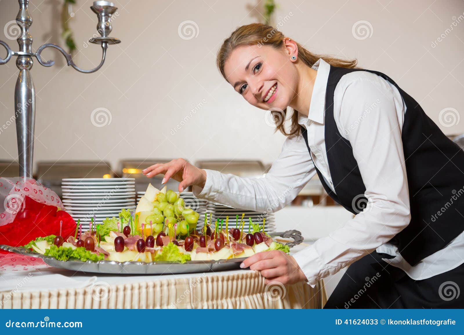 Catering Service Employee or Waitress Preparing a Buffet Stock Image ...