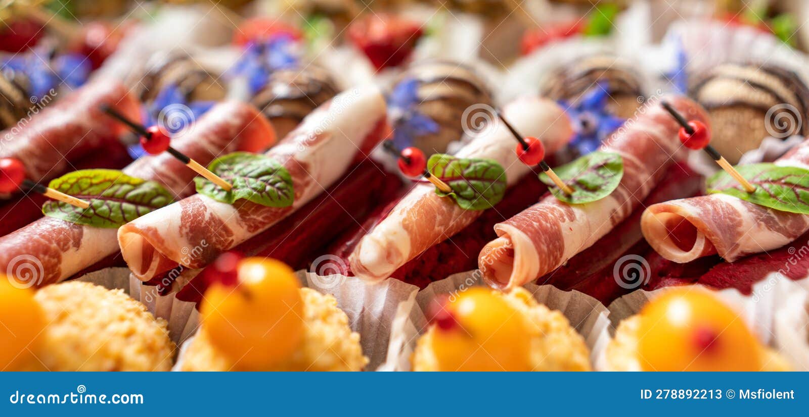 Catering Service. Set of Beautiful Canapes. Buffet Table. Shallow Depth ...