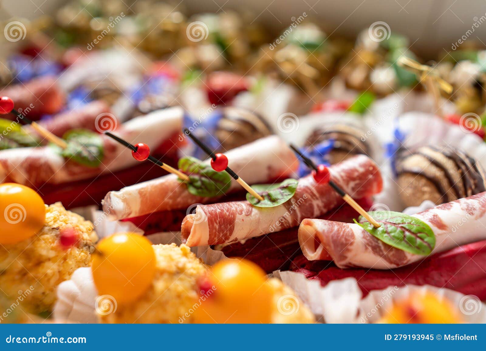 Catering Service. Set of Beautiful Canapes. Buffet Table. Shallow Depth ...
