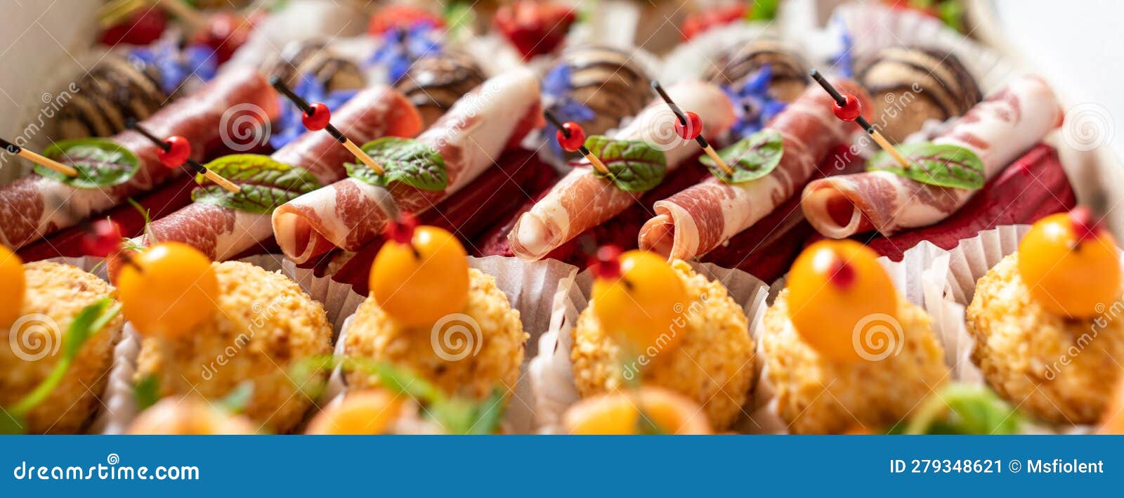 Catering Service. Set of Beautiful Canapes. Buffet Table. Shallow Depth ...