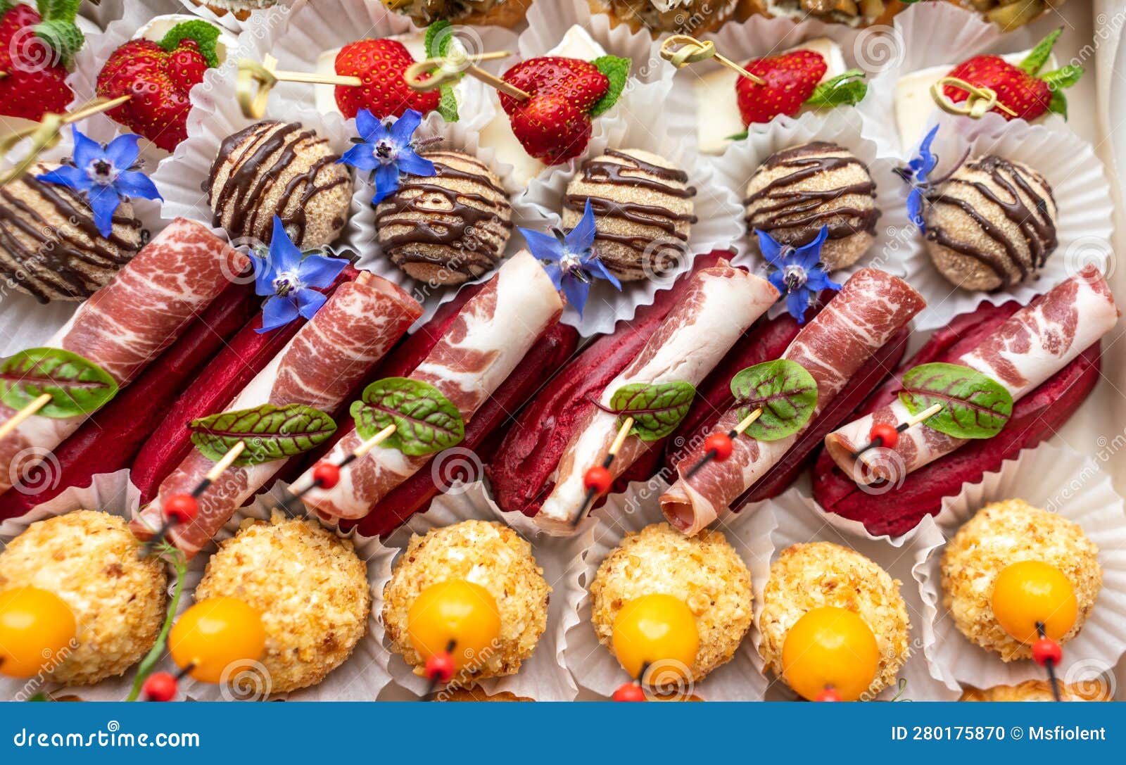Catering Service. Set of Beautiful Canapes. Buffet Table. Shallow Depth ...