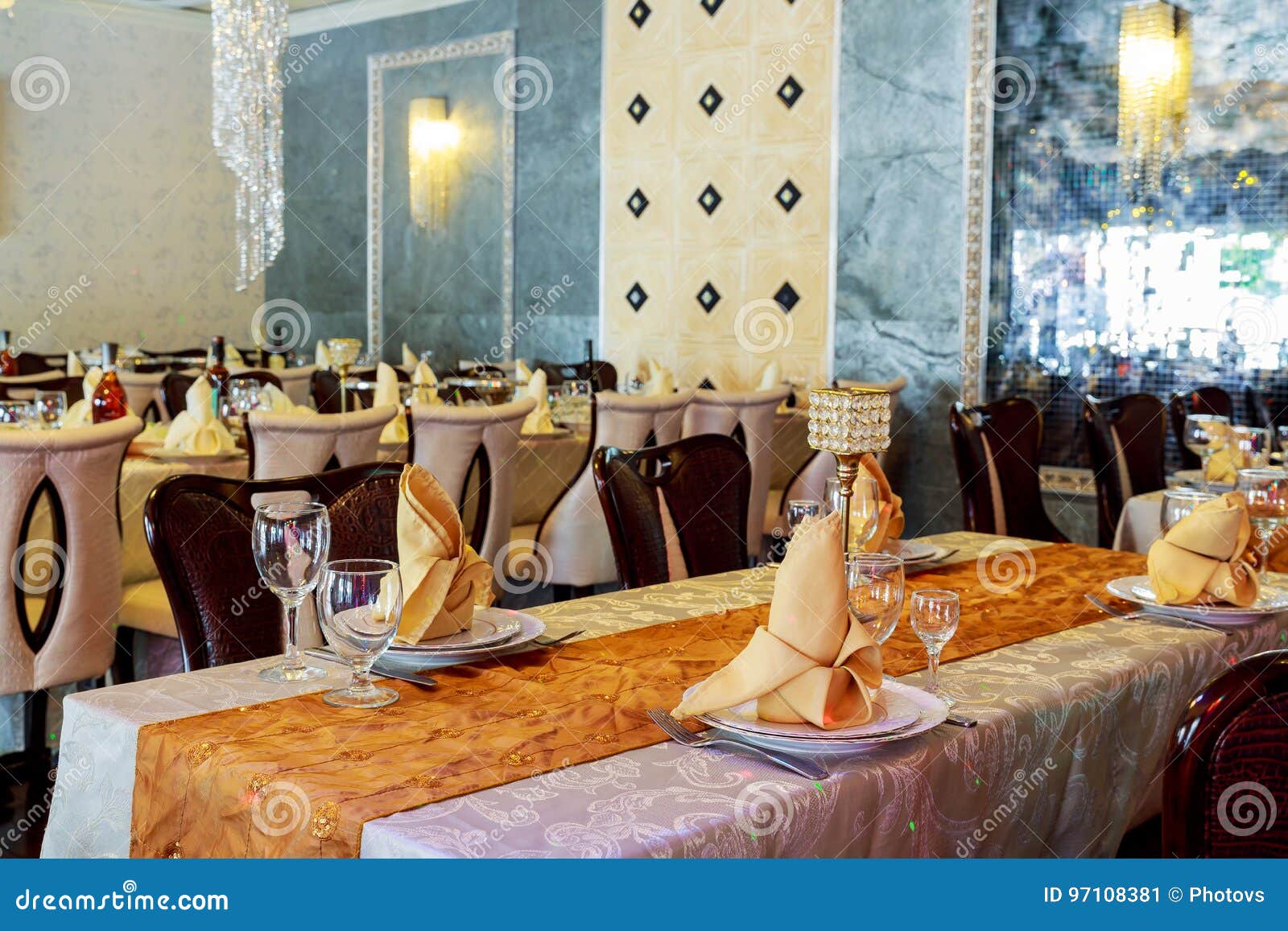 Catering Table Set Service with Dish Silverware and Stemware Glass ...