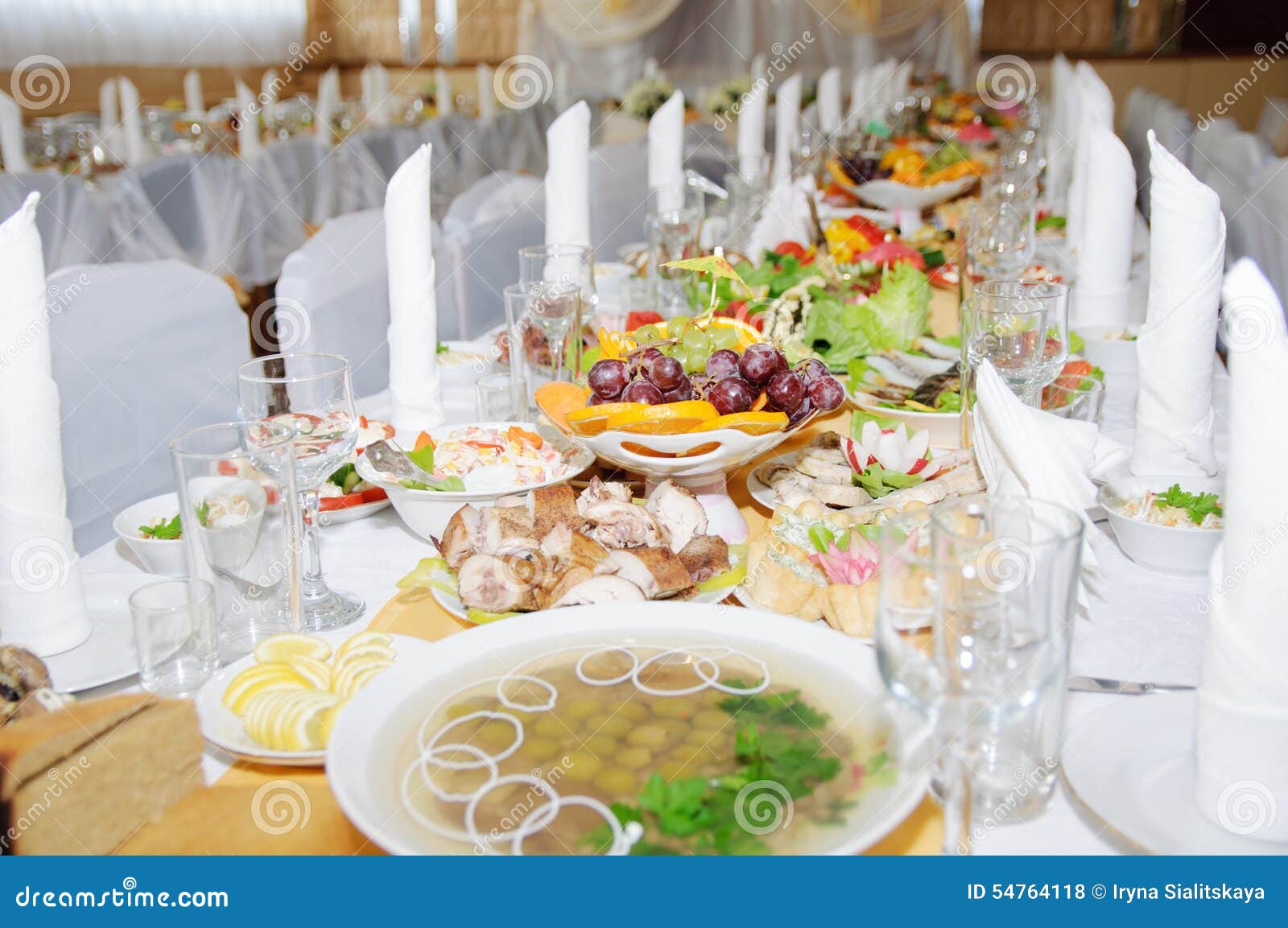 Catering Table Set Service with Silverware and Glass Stemware Stock ...