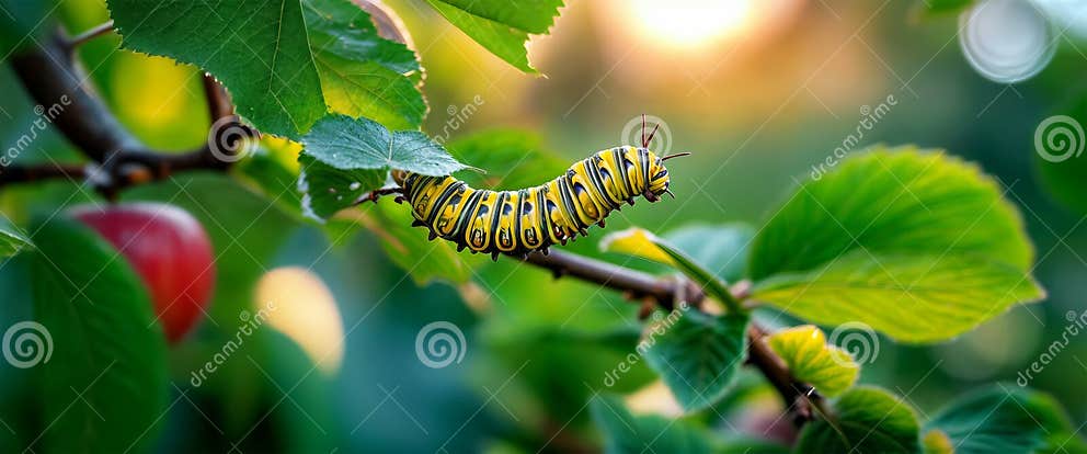 Caterpillar on an Apple Tree Branch. Large Caterpillar Stock ...