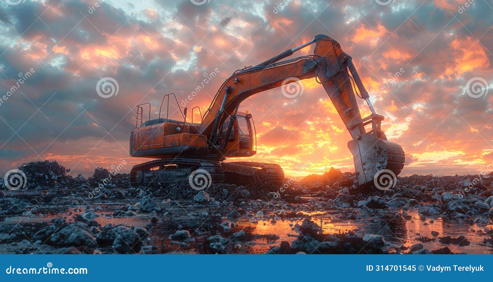 A Caterpillar Excavator is Digging in the Dirt. the Sky is Orange and ...