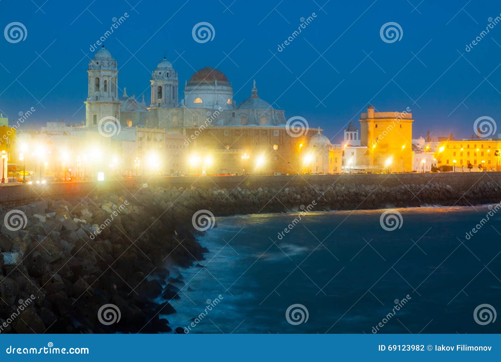Cathedral and Embankment in Night. Cadiz Stock Photo - Image of ...