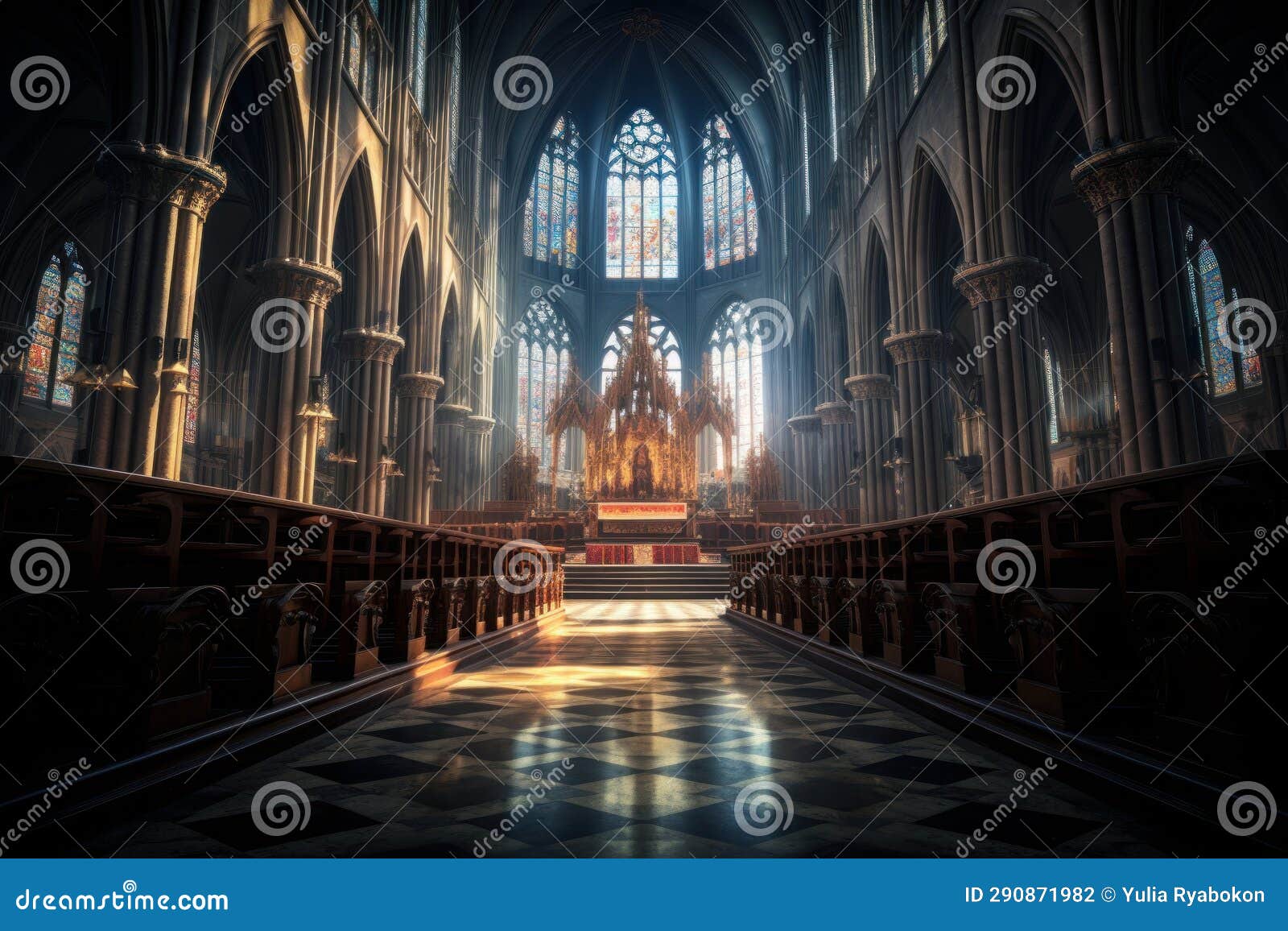 Cathedral Interior. Window In Gothic Interior Church. Vector Cartoon ...