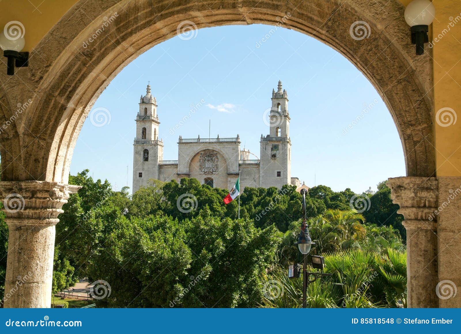 The Cathedral of Merida on Yucatan Stock Photo - Image of flag, holy ...
