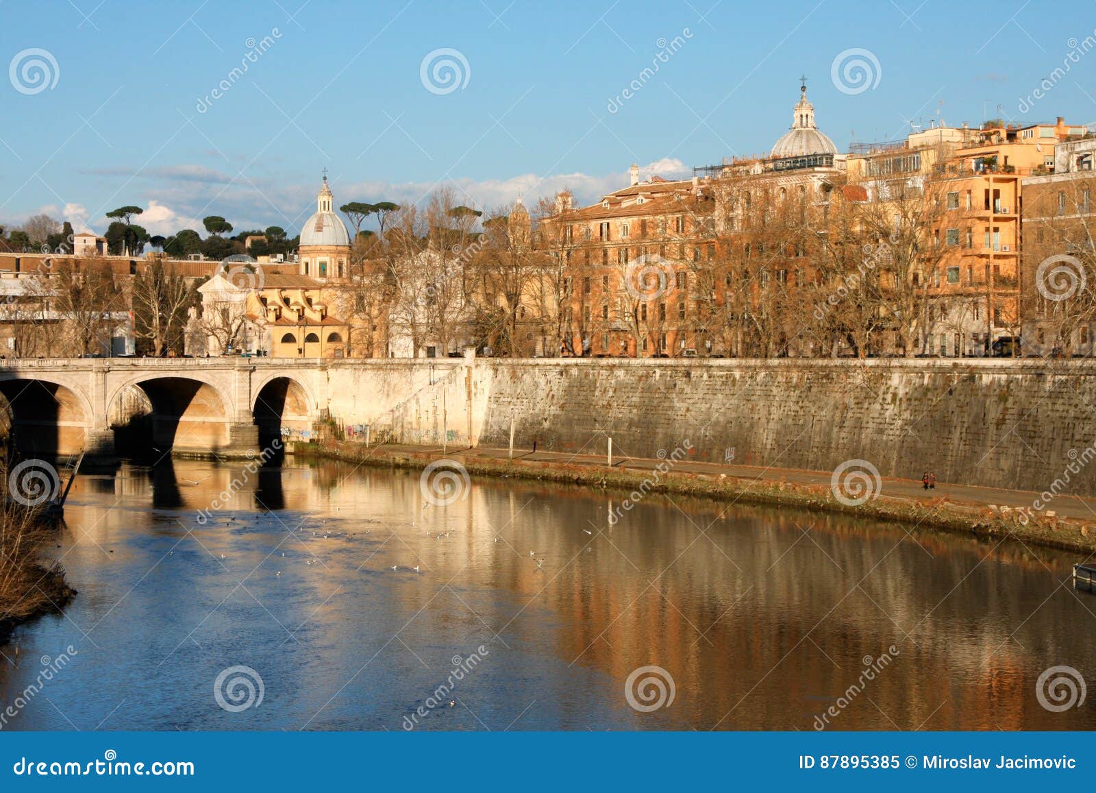 Cathedral Over Bridge and River Water at Fall Day Rome, Italy Stock ...
