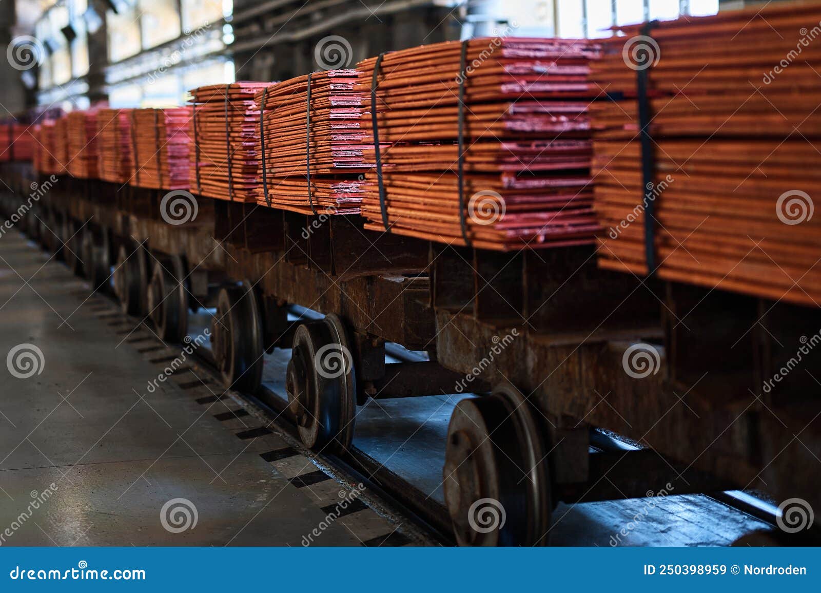 Cathode Copper Sheets on Rail Carriages in Warehouse Stock Image ...