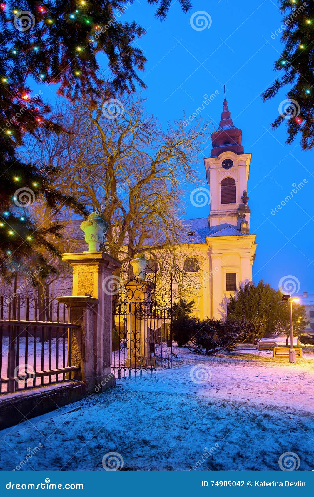 Catholic Church in the Christmastime Stock Photo - Image of tree ...