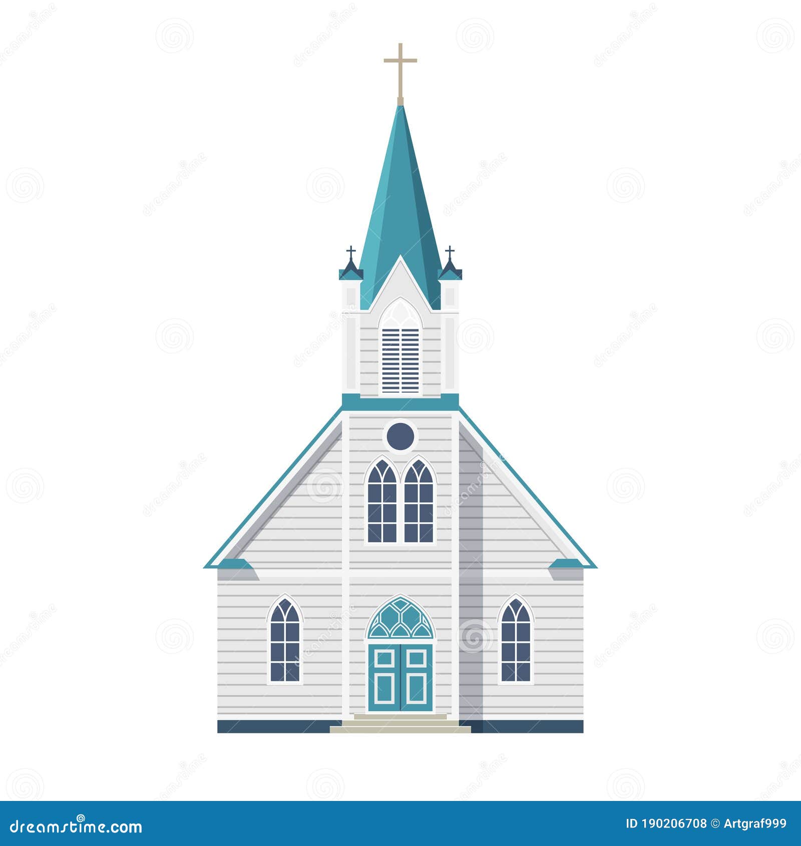 Catholic Church with Cross, Door and Windows Front Facade Isolated on ...