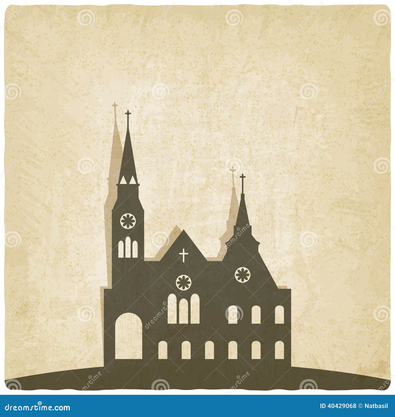 Catholic Church With Spire, Stained Glass Windows Cartoon Vector ...