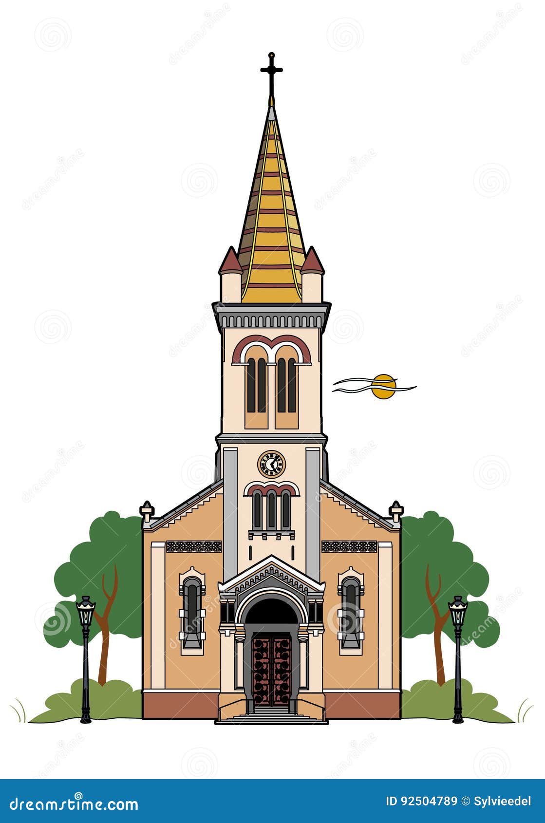 Catholic Church With Spire, Stained Glass Windows Cartoon Vector ...