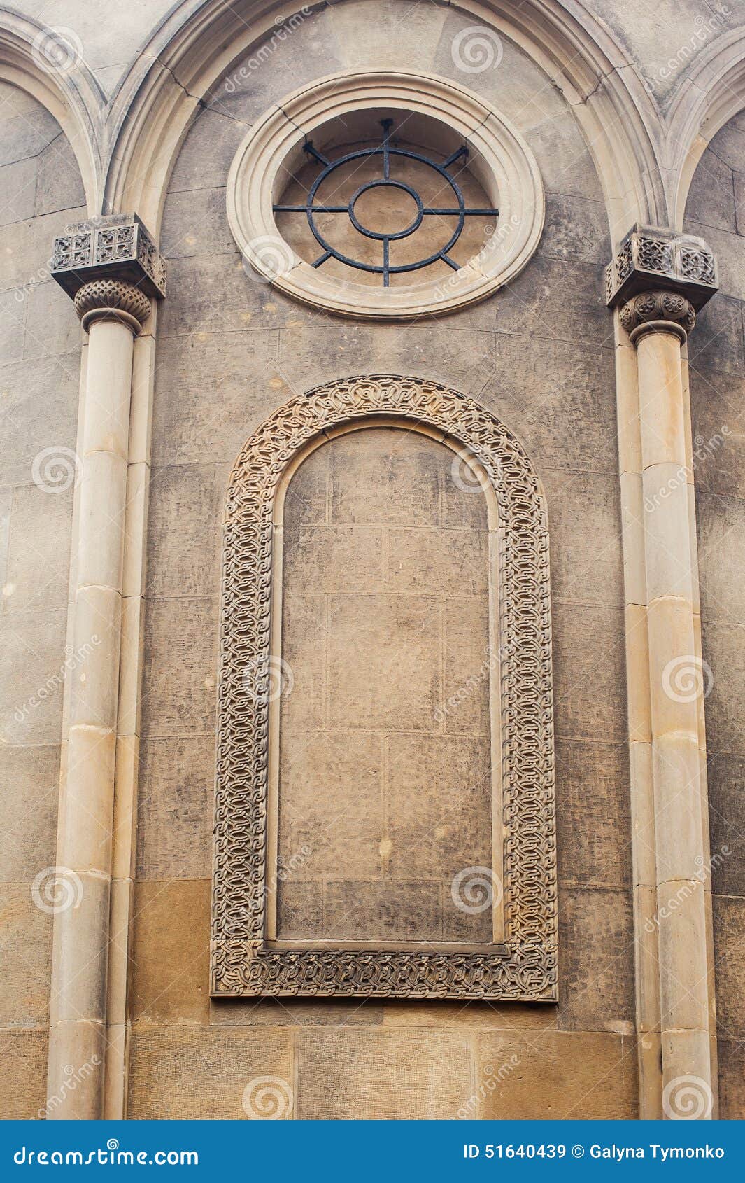 Catholic Church Wall with Columns and Round Window Stock Image - Image ...