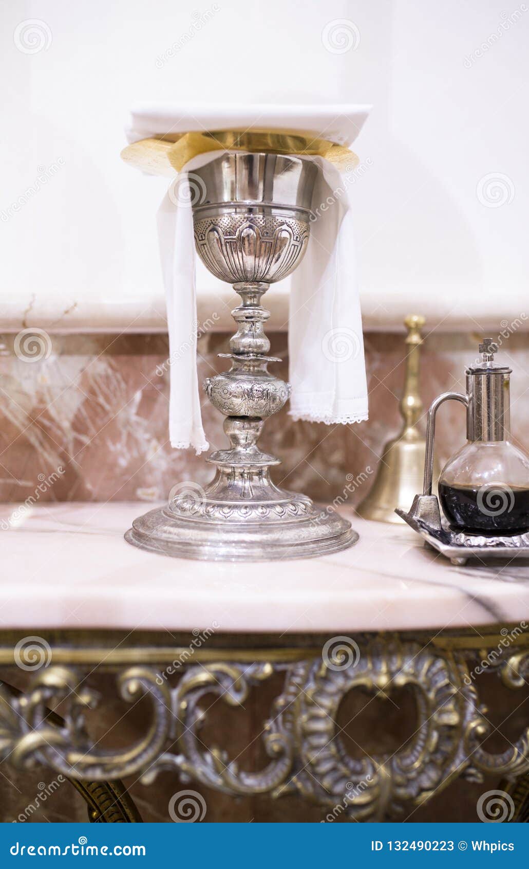 Catholic Liturgical Chalice, Wine Pitcher and Bell Stock Image - Image ...